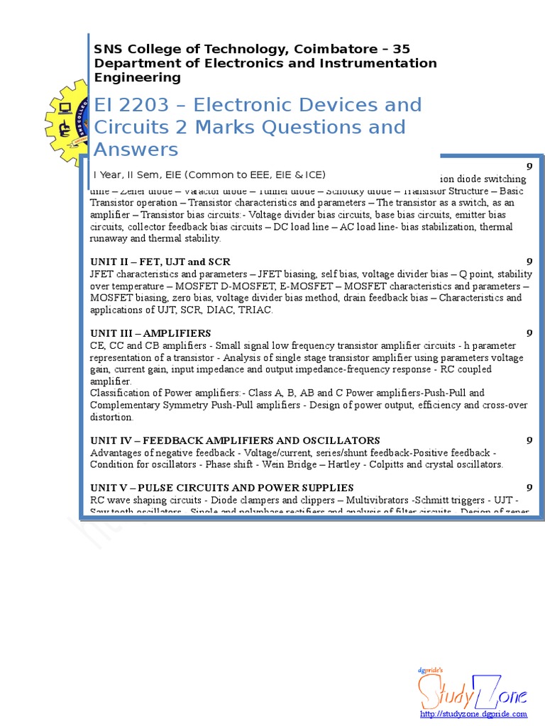EI2203 - Electronic Devices and Circuits - 2 Marks With Answers | PDF ...