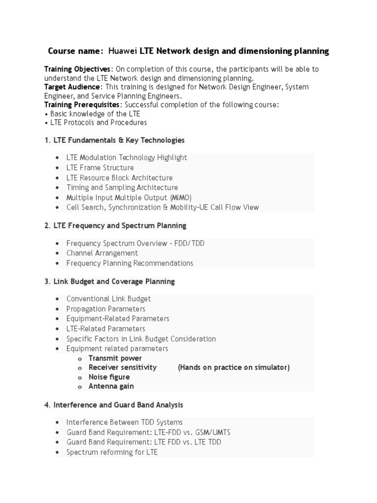 Course Name: Huawei LTE Network Design and Dimensioning Planning | PDF