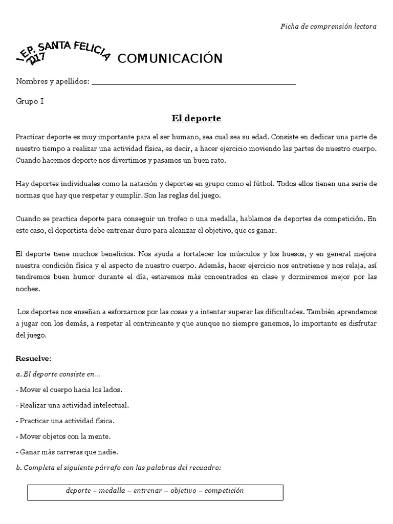 Ficha de Comprensión Lectora - El Deporte - Grupo I | PDF | Deportes ...