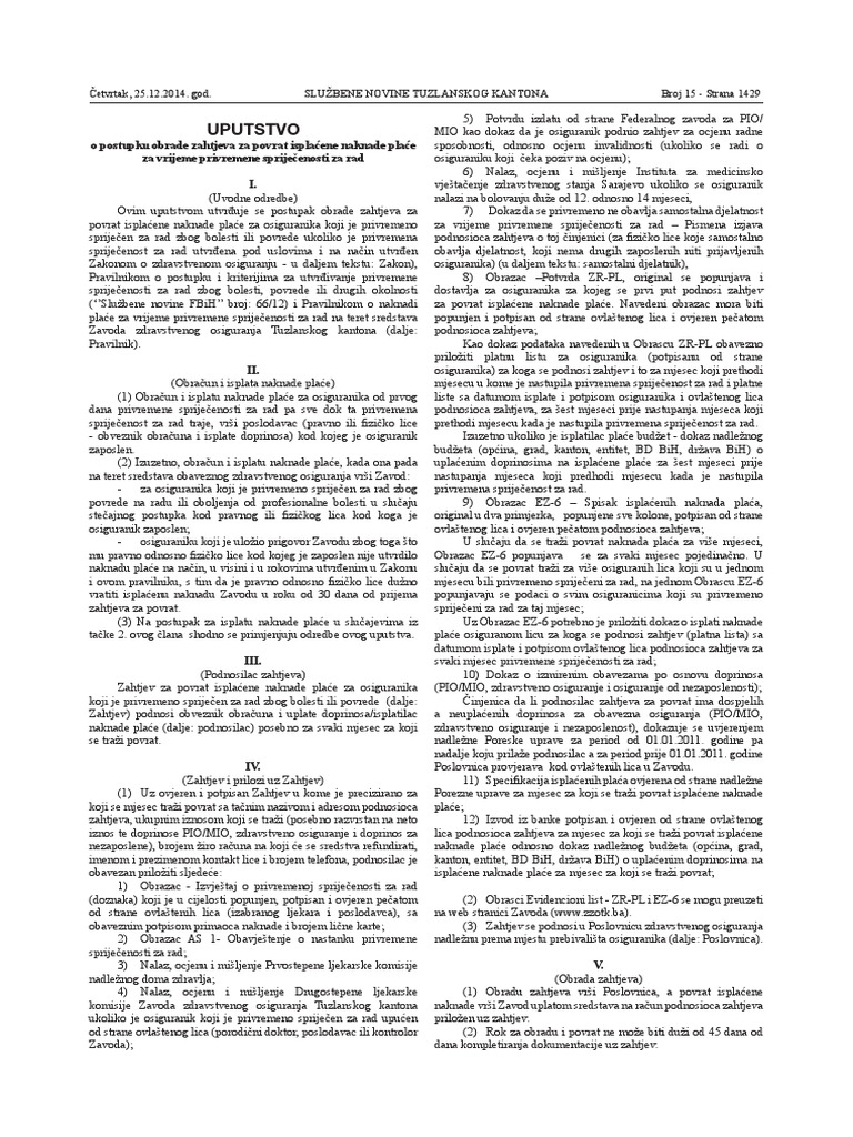 Uputstvo o Postupku Obrade Zahtjeva Za Povrat Isplacene Naknade Place | PDF