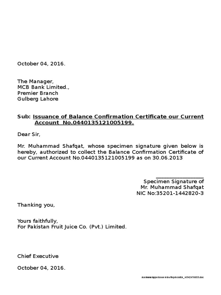 Sub: Issuance of Balance Confirmation Certificate Our Current Account ...