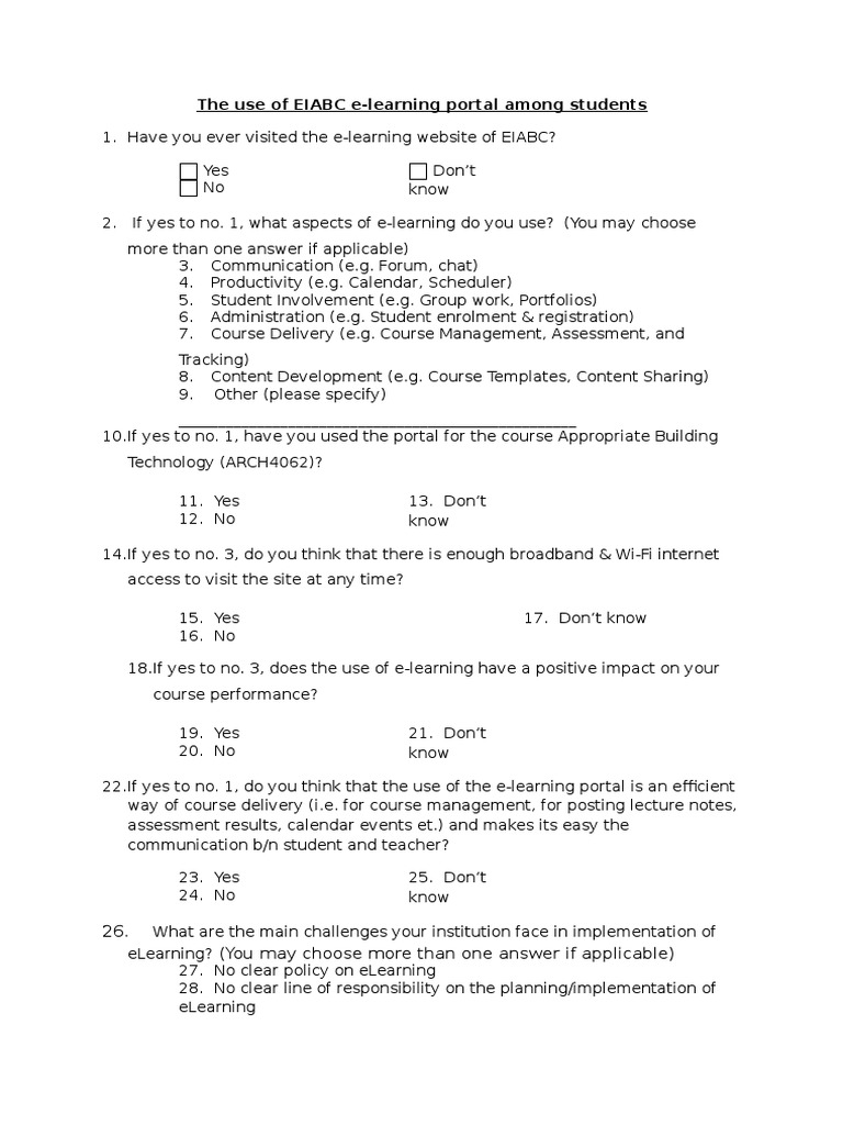 The Use of EIABC E-Learning Portal Among Students: 26. (You May Choose ...