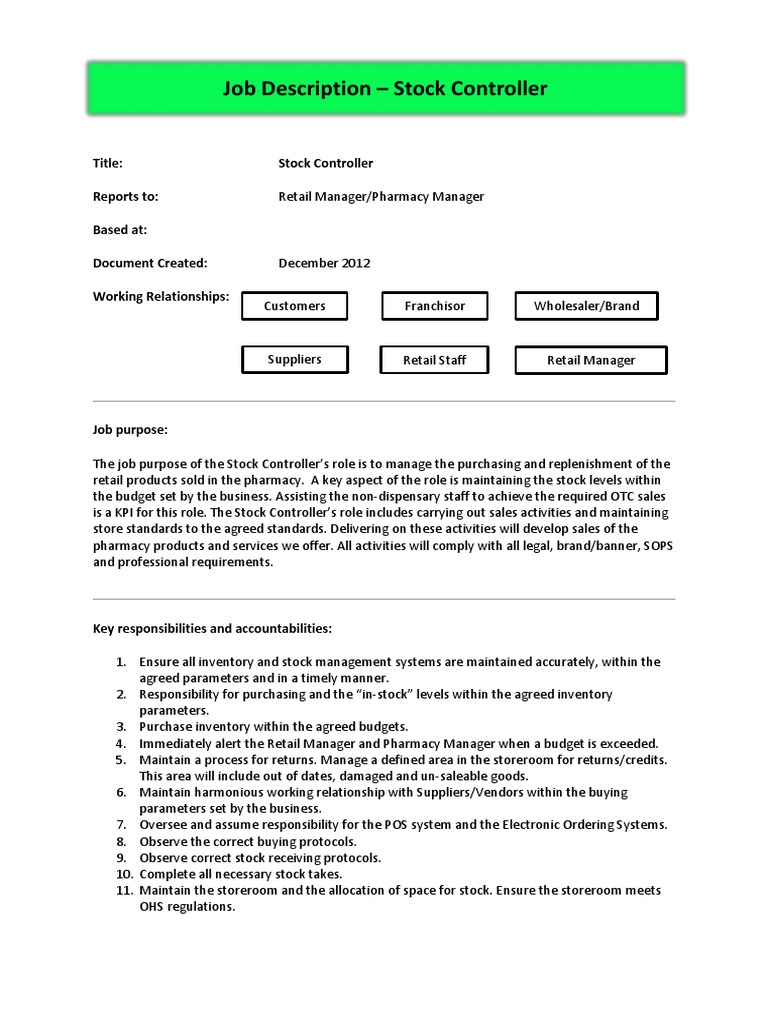 Job Description Stock Controller | PDF | Over The Counter Drug | Retail