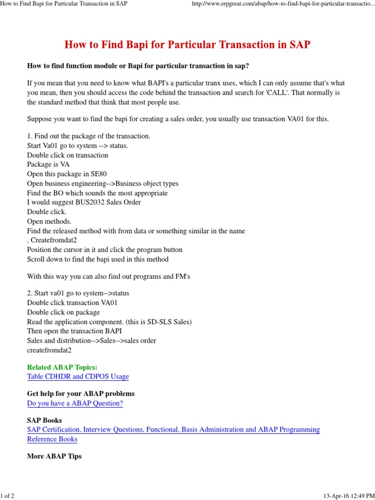 How To Find Bapi For Particular Transaction in SAP | PDF | Areas Of Computer Science | Computer ...