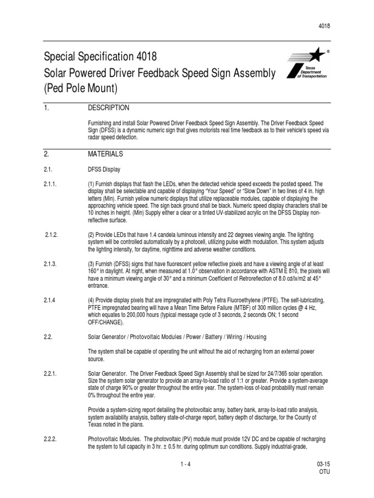 Special Specification 4018 Solar Powered Driver Feedback Speed Sign ...
