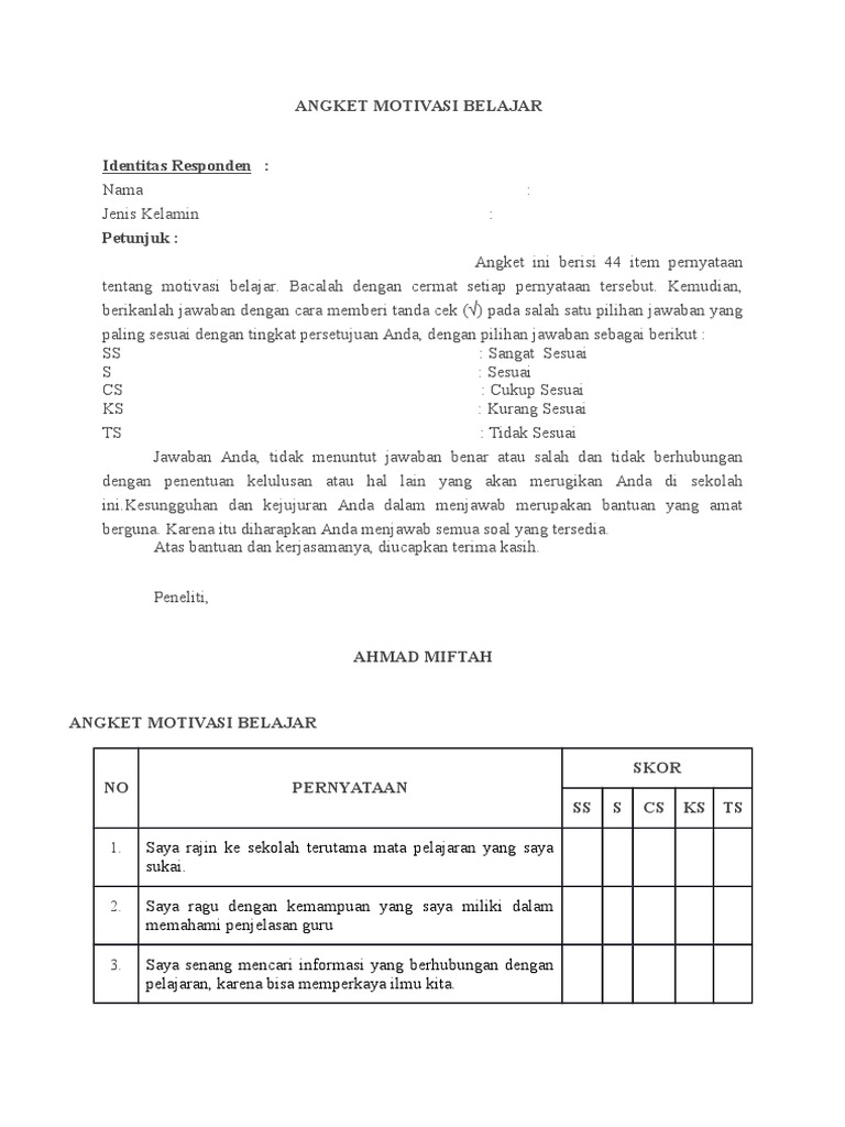 Angket Motivasi Belajar | PDF