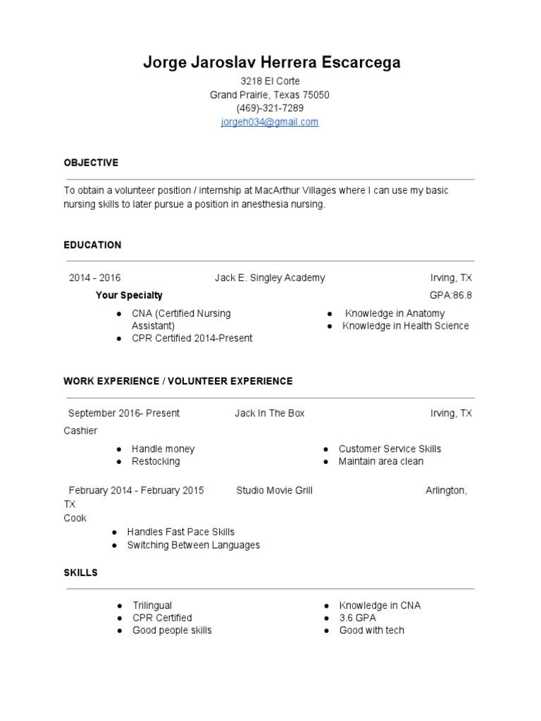 Nursing Internship Resume for Jorge Escarcega | PDF | Career & Growth
