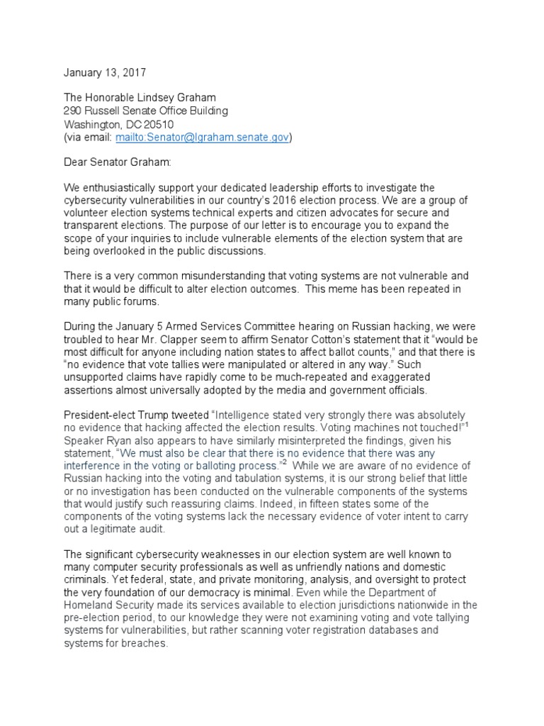 Experts' Letter To Lindsey Graham 20170113 | PDF | Electronic Voting ...