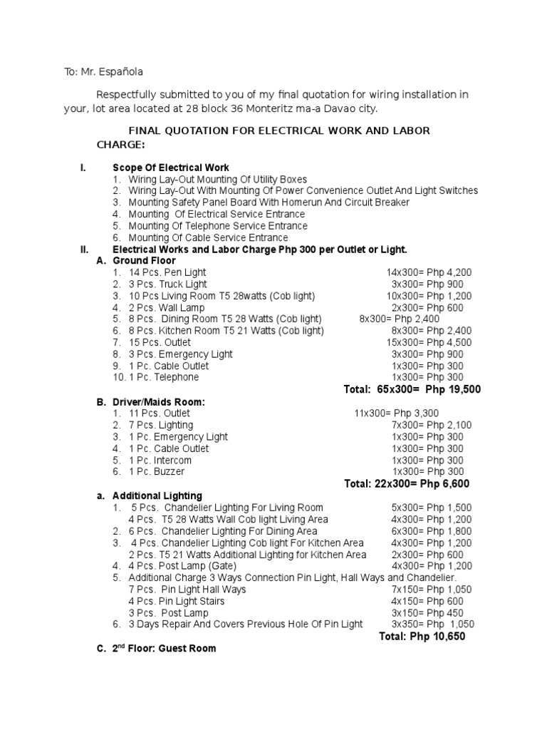 Final Quotation For Electrical Work and Labor Charge: I. Scope of ...