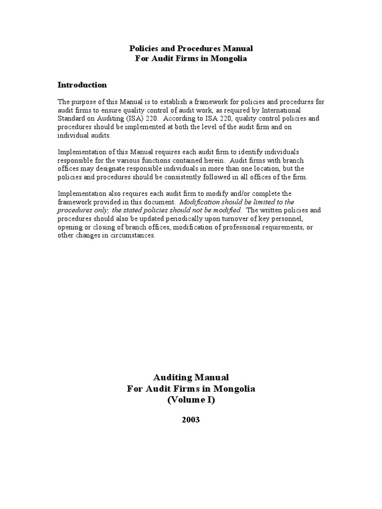 Auditing Manual Volume I | PDF | Financial Audit | Audit