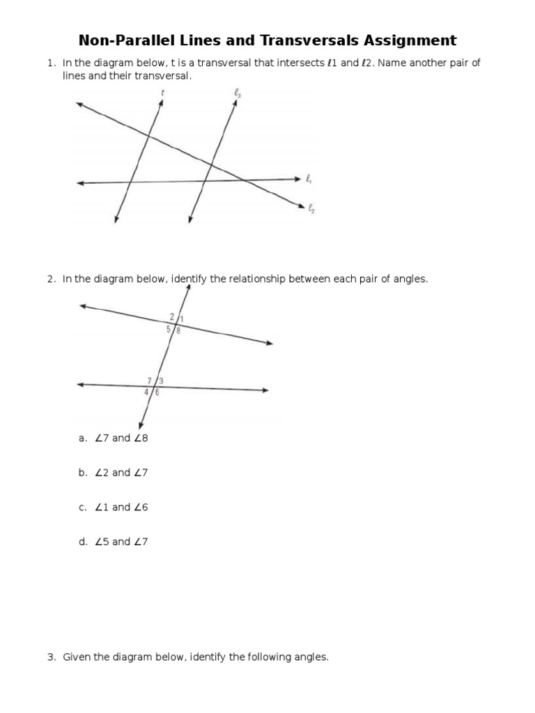 NonParallel Lines and Transversals Worksheet | Download Free PDF ...