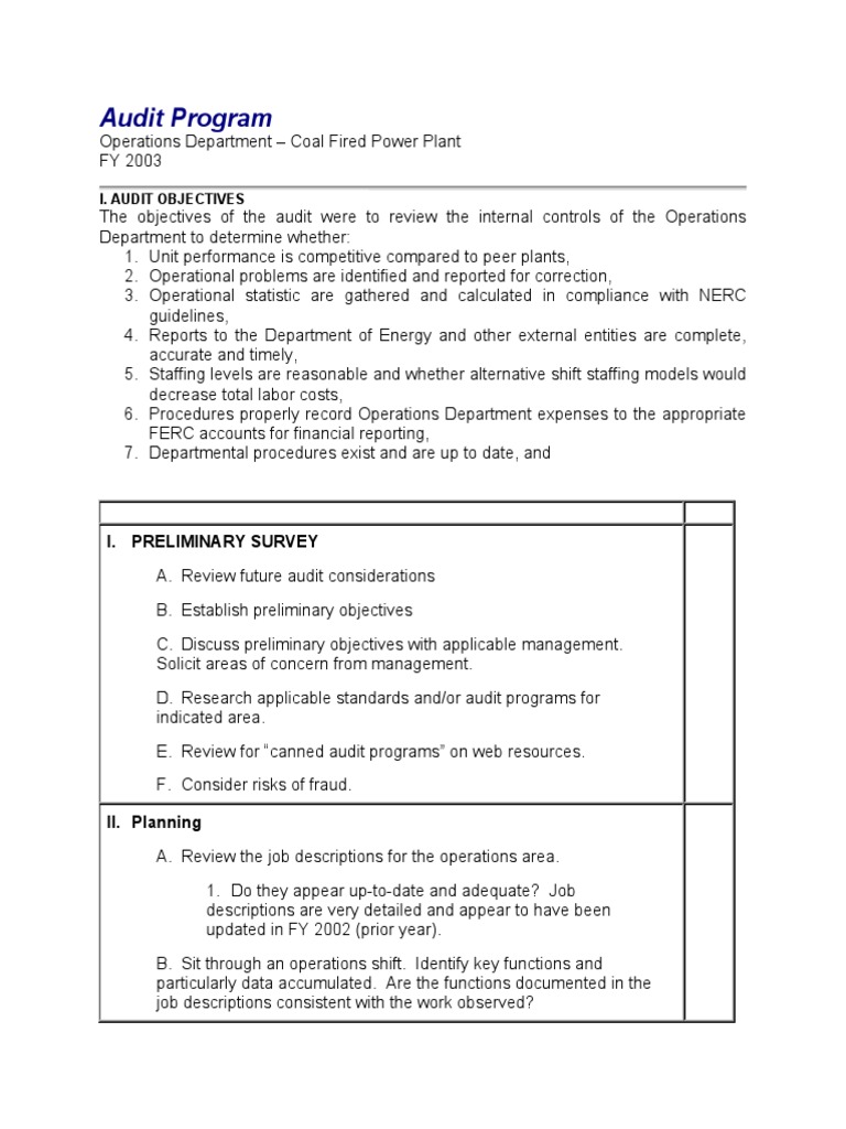 Power Plant Operations Audit Program | PDF | Overtime | Audit
