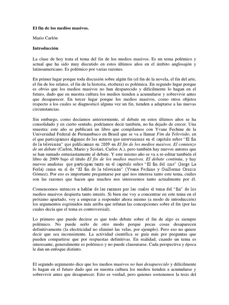 El Fin de Los Medios Masivos Mario Carlón | PDF | Medios de ...