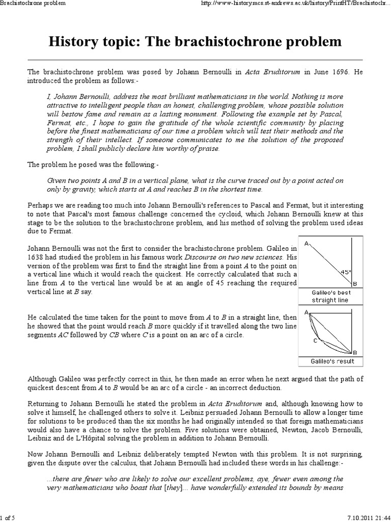 Brachistochrone Problem - History | PDF | Calculus Of Variations ...