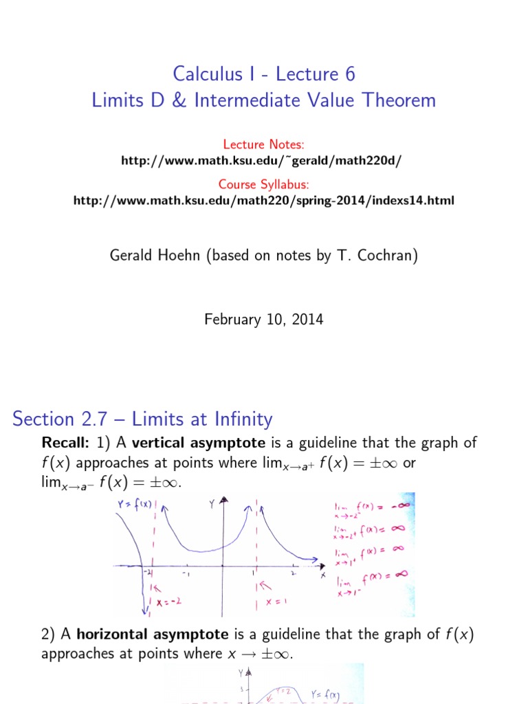 Calculus I - Lecture 6 Limits D & Intermediate Value Theorem | PDF | Asymptote | Functions And ...
