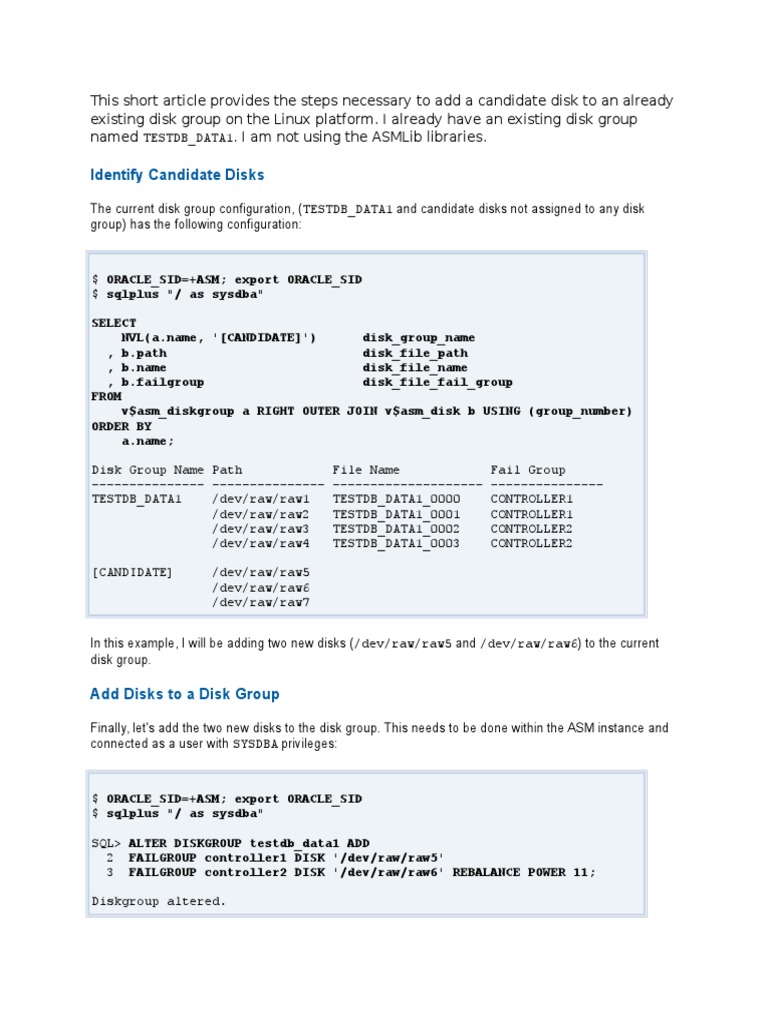 Adding, Dropping Disks From A ASM Disk Group With Rebalance Power | PDF | System Software ...