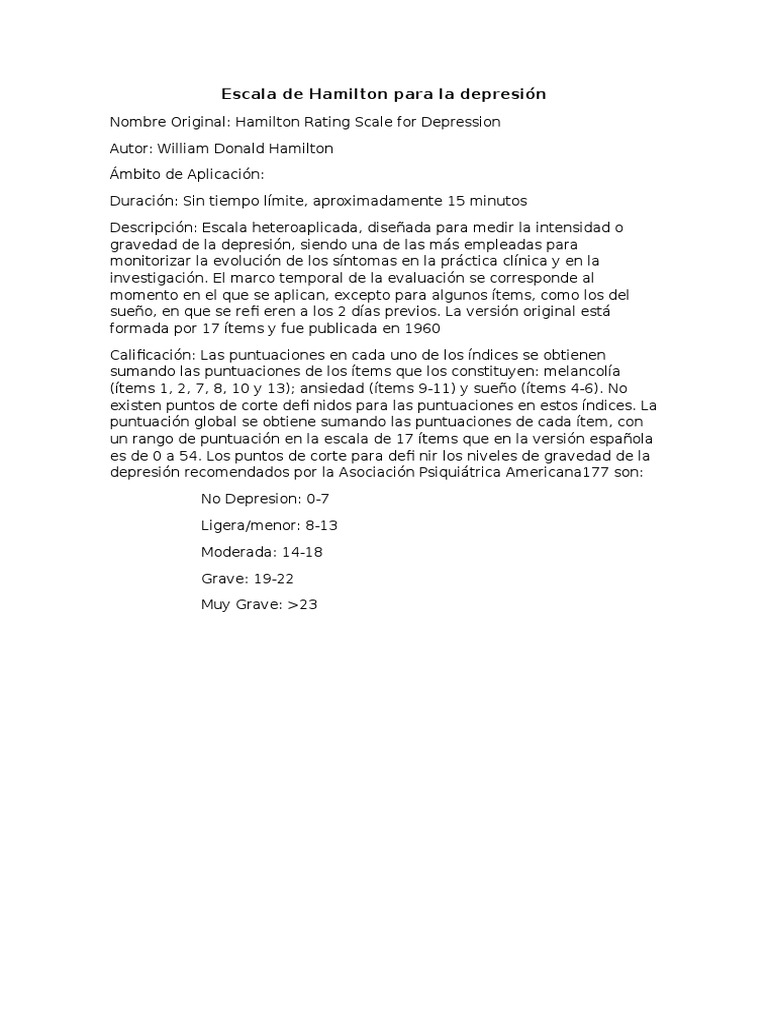 Escala de Hamilton para La Depresión | PDF | Depresión (estado de ánimo ...