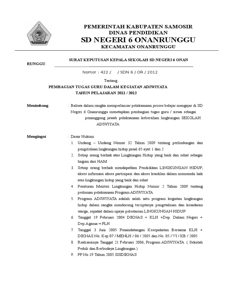 SK Pembagian Tugas Pelaksana Adiwiyata | PDF