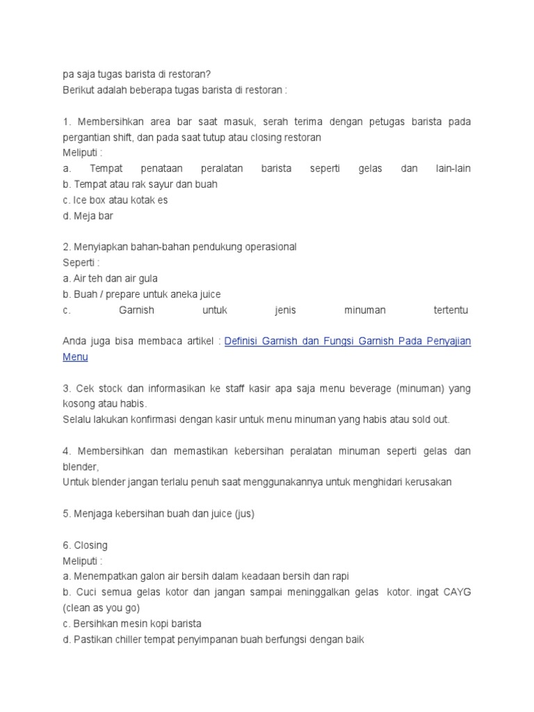 Tugas Barista di Restoran dan Cafe | PDF | Memasak, Makanan, & Anggur