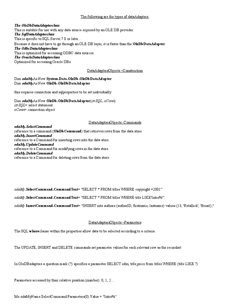 An Overview of DataAdapter Classes and Their Use in Accessing and Manipulating Data | PDF