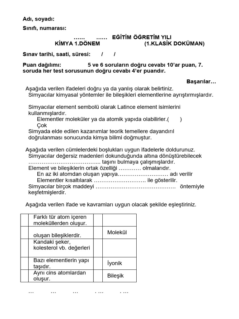 2023-2024 9.SINIF KİMYA 1.DÖNEM 1.YAZILI SINAV (Sorular Ve Cevap Anahtarı) (1.KLASİK DOKÜMAN) | PDF