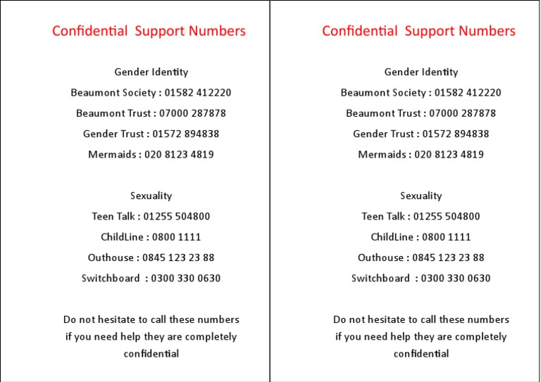 Confidential Support Numbers List | PDF | Self-Improvement | Lifestyle