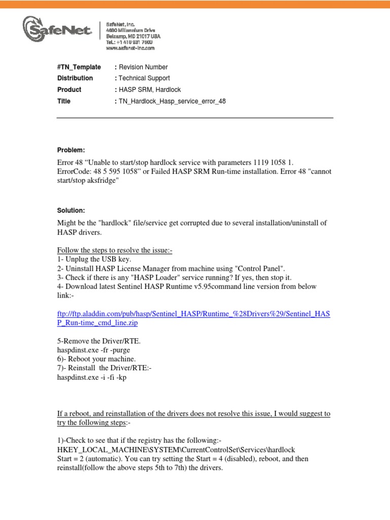 HASP Hardlock Service Error 48 | PDF | Computers