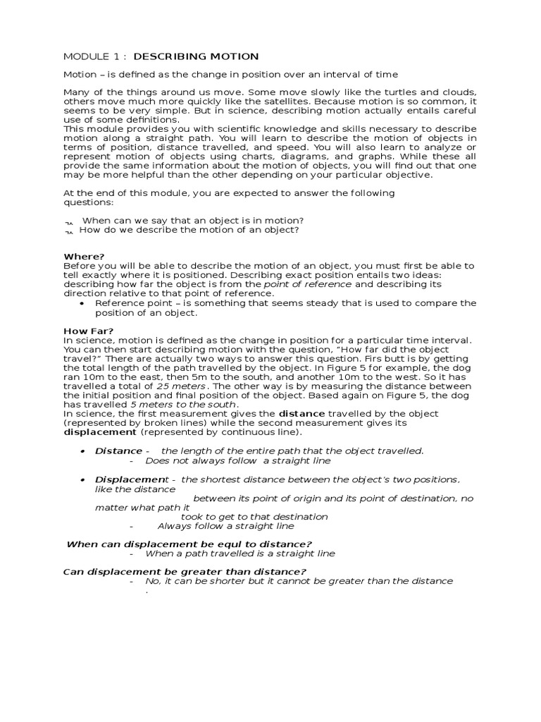 MODULE 1 Describing Motion | PDF | Distance | Speed