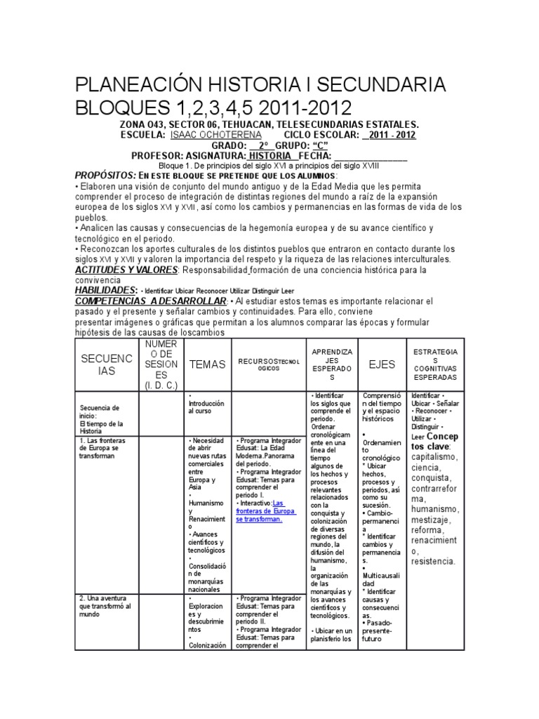 Planeación Historia i Secundaria Bloques 1