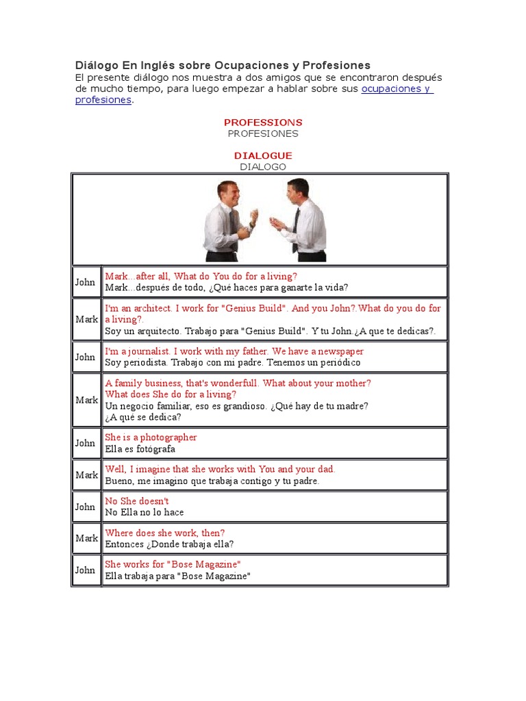 Diálogo en Inglés sobre Profesiones | PDF | Juegos y actividades ...