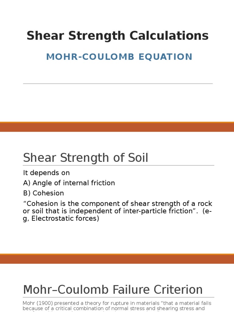 Shear Strength Calculations: Mohr-Coulomb Equation | PDF | Solid ...