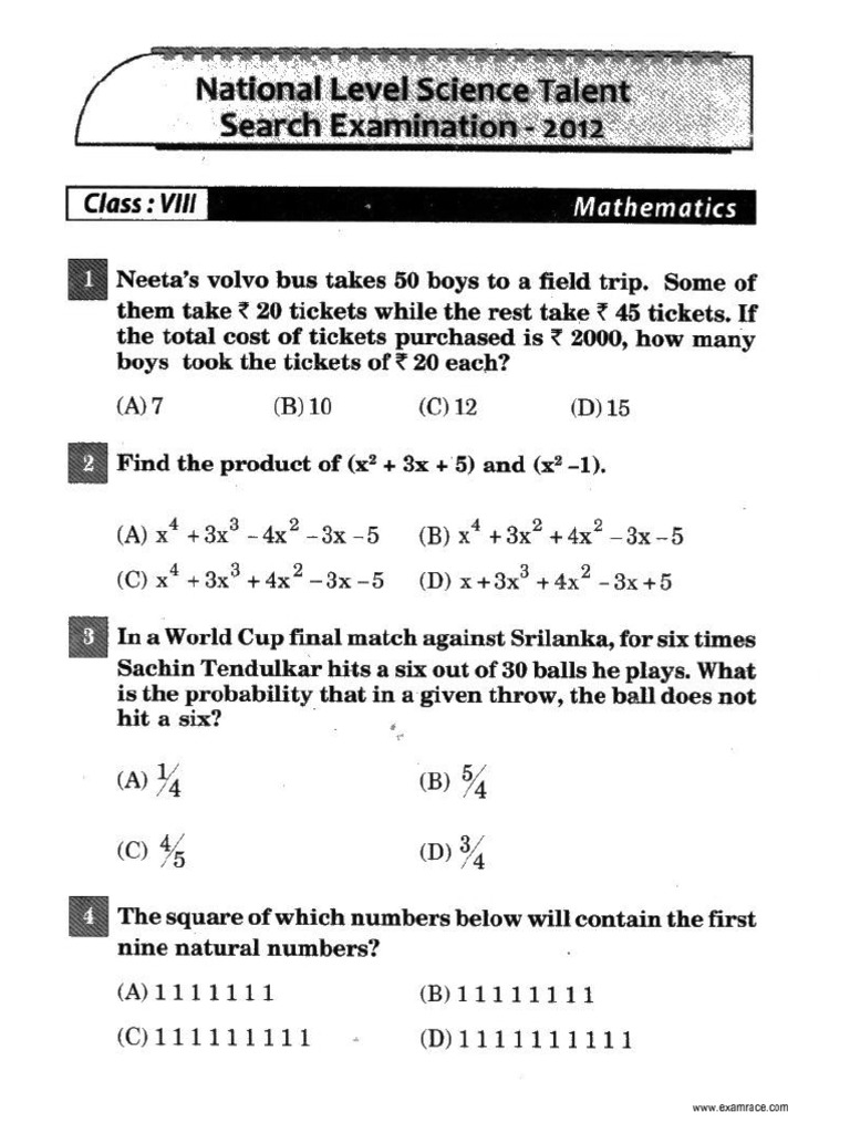 NSTSE Class 8 Solved Paper 2012 | PDF