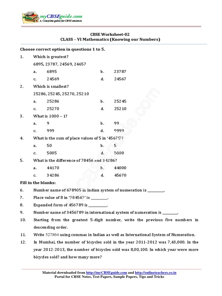 Class VI Math Worksheet on Numbers | PDF