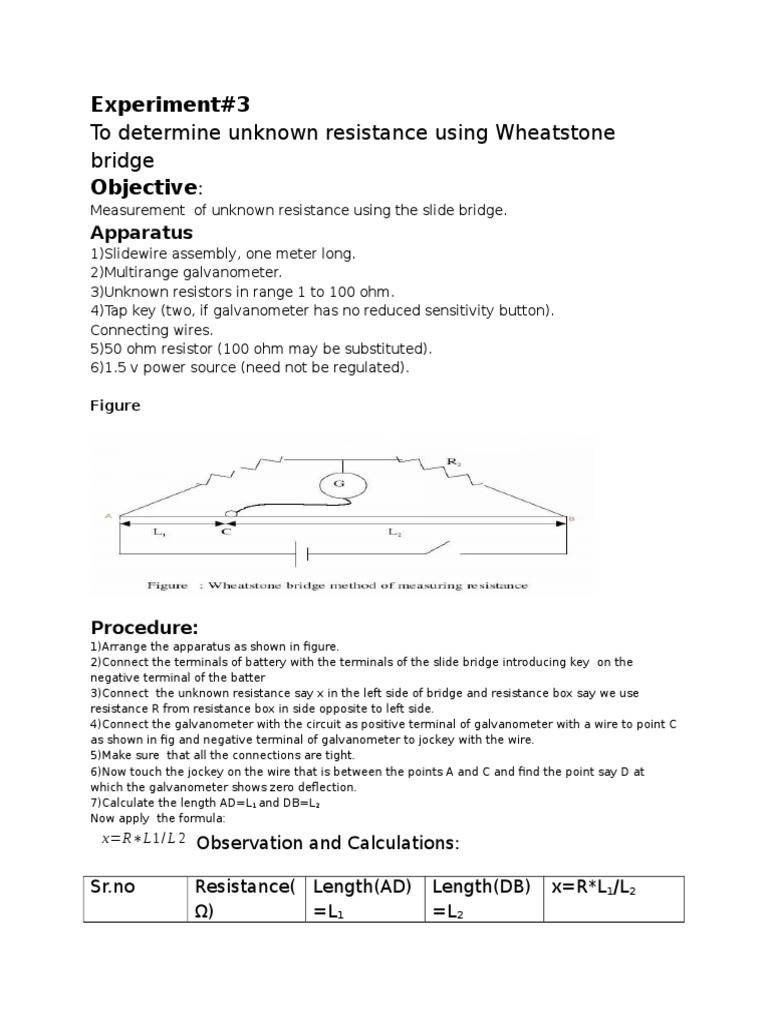 To Determine Unknown Resistance Using Wheatstone Bridge: Experiment#3 | PDF