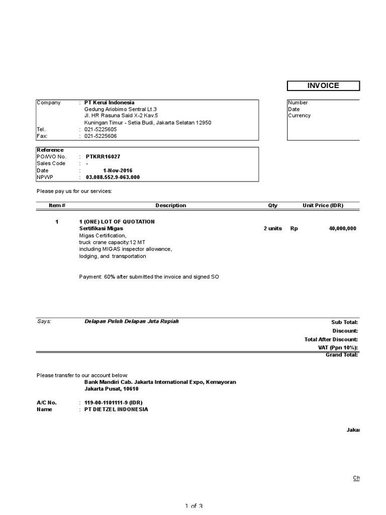 Invoice for Crane Services - PT Kerui | PDF