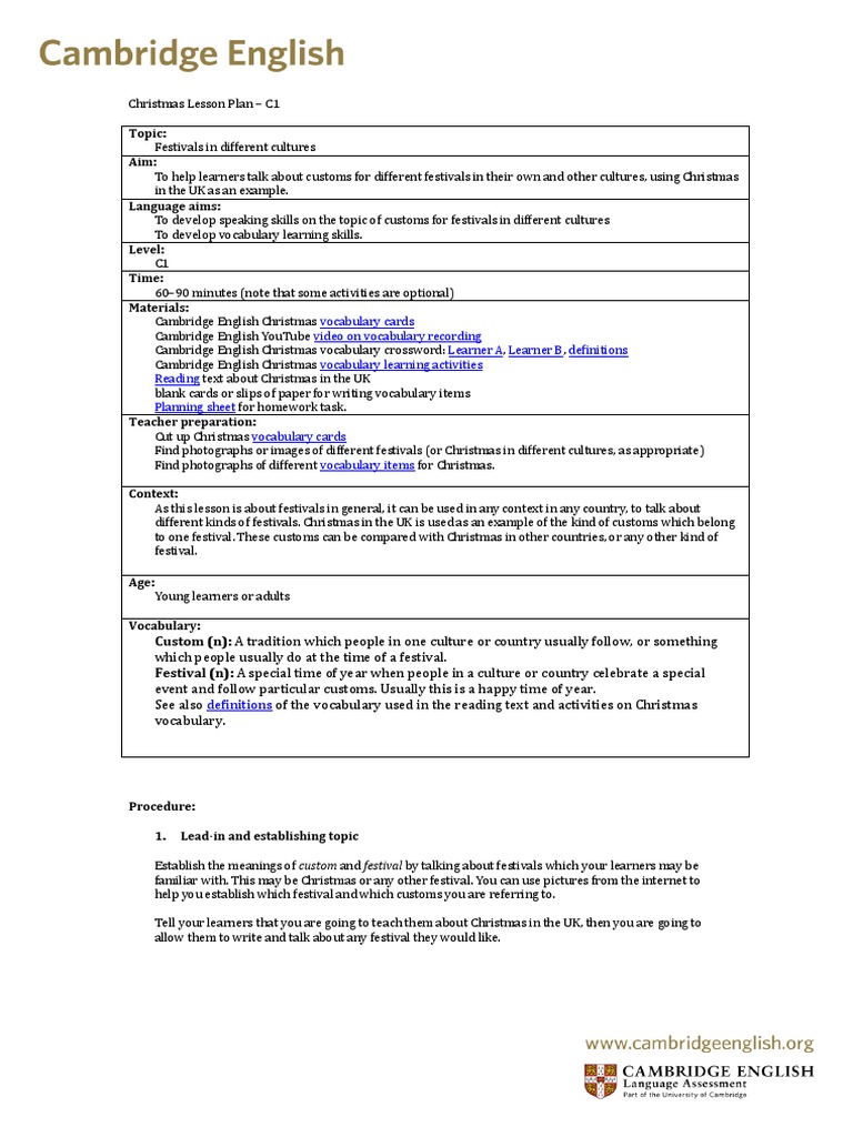 Festivals Lesson Plan c1 Document | PDF | Christmas | Lesson Plan