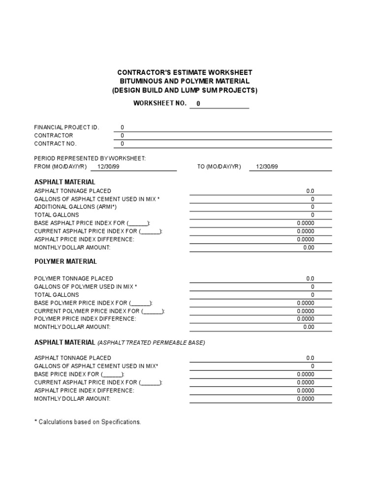 Contractor'S Estimate Worksheet Bituminous and Polymer Material (Design ...