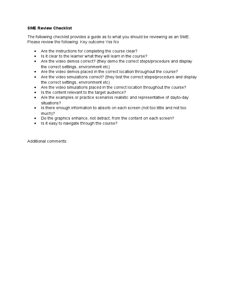 SME Review Checklist | PDF | Simulation | Educational Technology