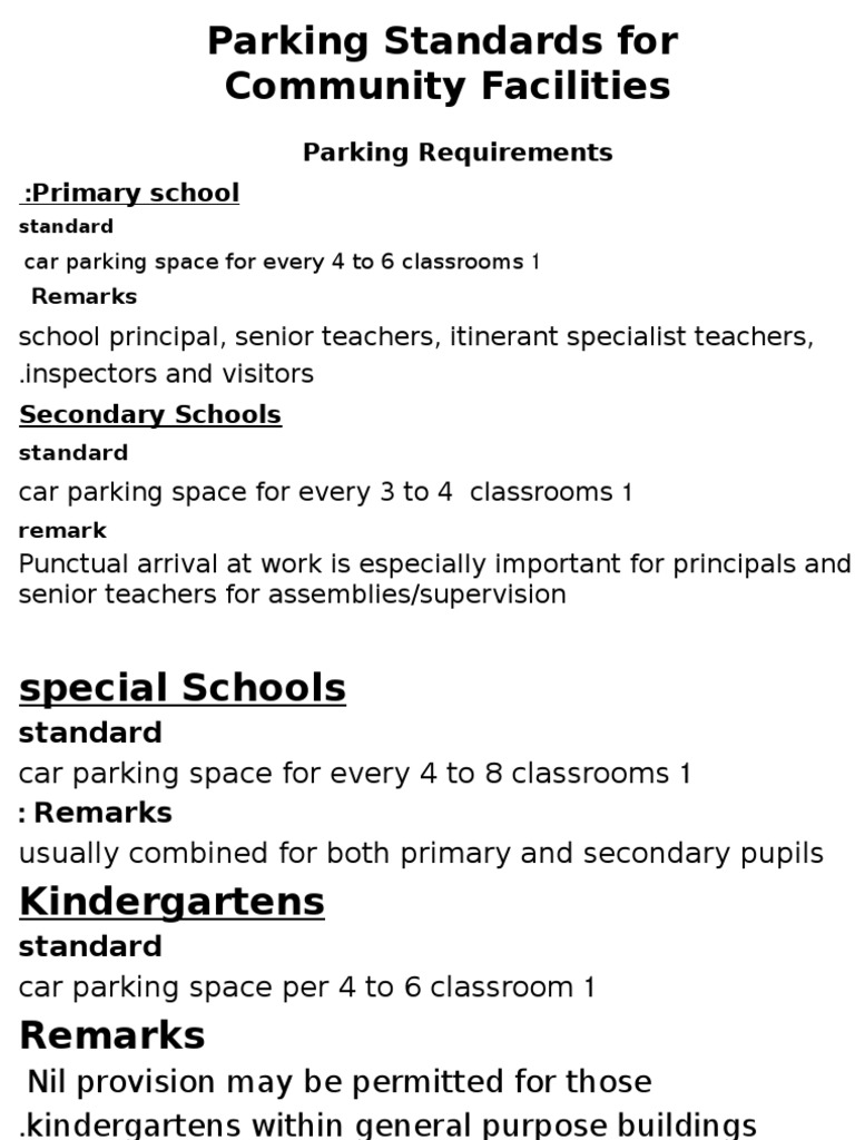 Parking Requirements Primary School:: 1 Car Parking Space For Every 4 ...