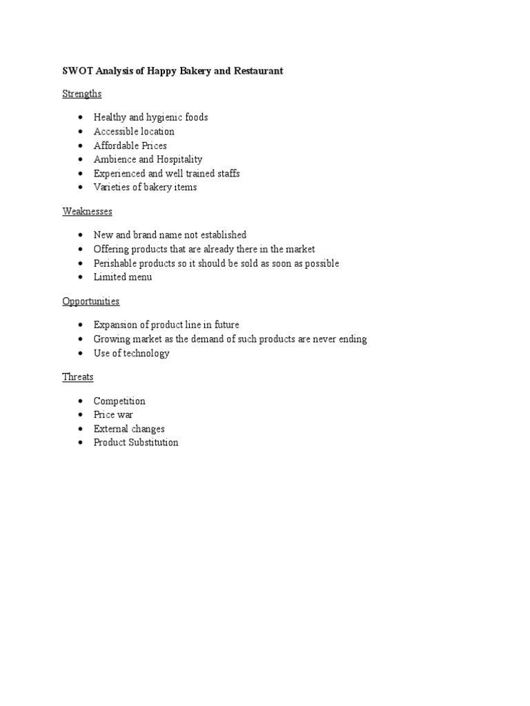 SWOT Analysis of Happy Bakery and Restaurant | PDF