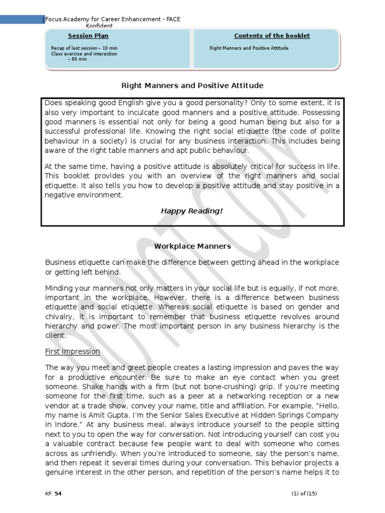 SESSION 54c - Right Manners Positive Attitude | PDF | Etiquette | Mood ...