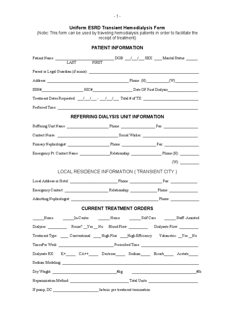 Uniform ESRD Transient Hemodialysis Form | PDF | Hemodialysis | Dialysis