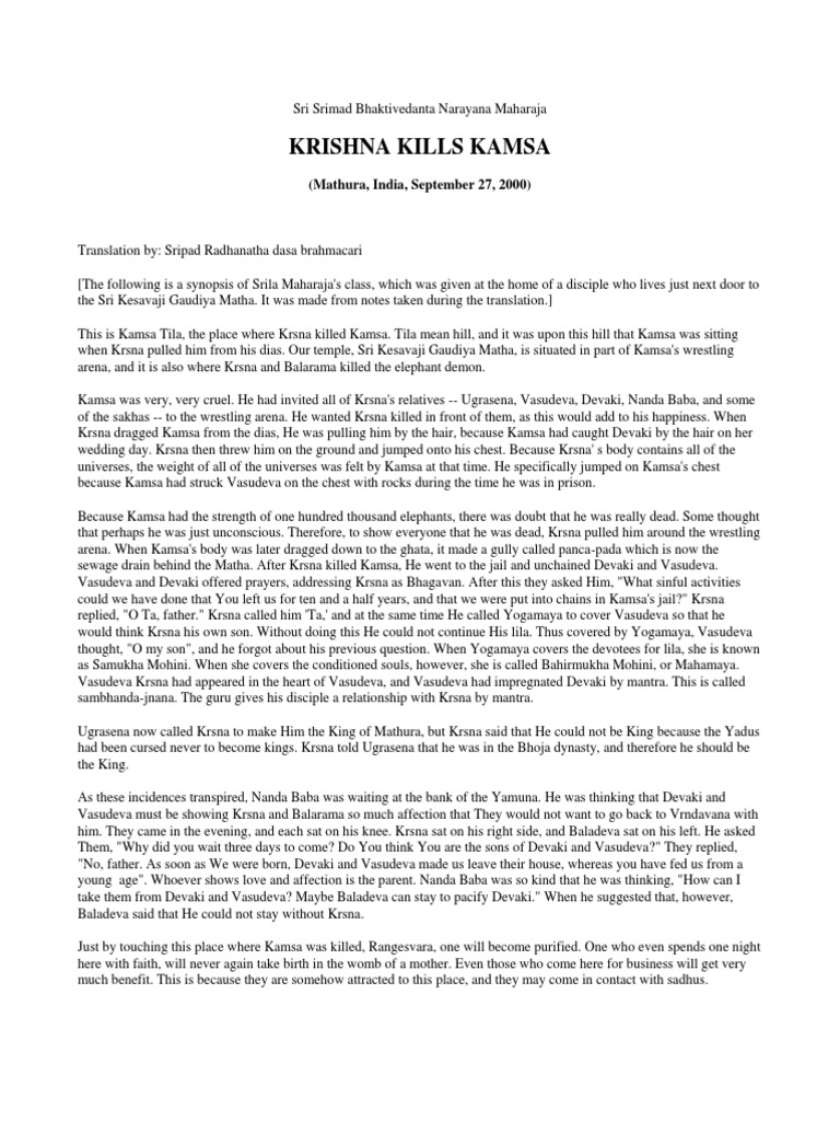 2000-09-27 - Mathura - Krishna Kills Kamsa | PDF | Krishna | Hinduism
