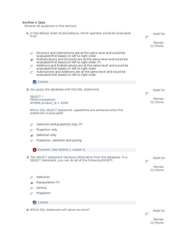 Section 1 Quiz | PDF | Databases | Sql