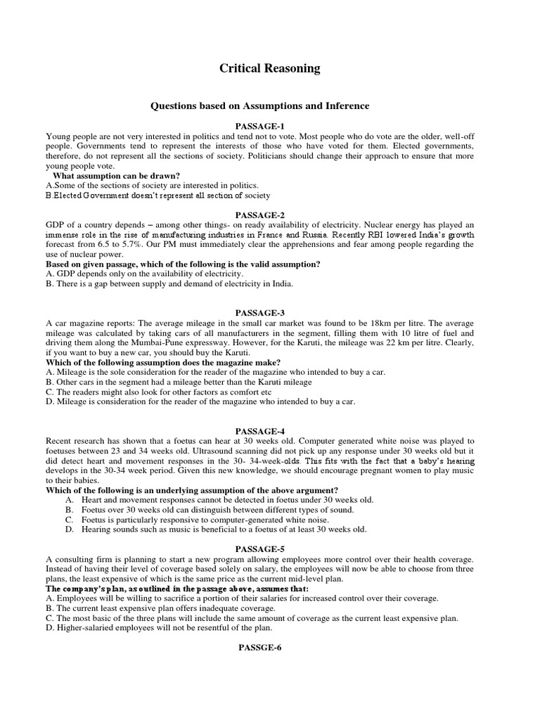 Critical Reasoning: Questions Based On Assumptions and Inference | PDF ...