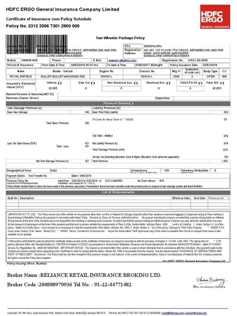 HDFC ERGO General Insurance Company Limited: Policy No. 2312 2006 7301 ...
