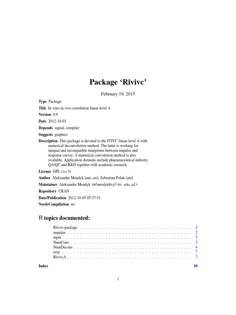 Package Rivivc': R Topics Documented | PDF | Parameter (Computer Programming) | Convolution