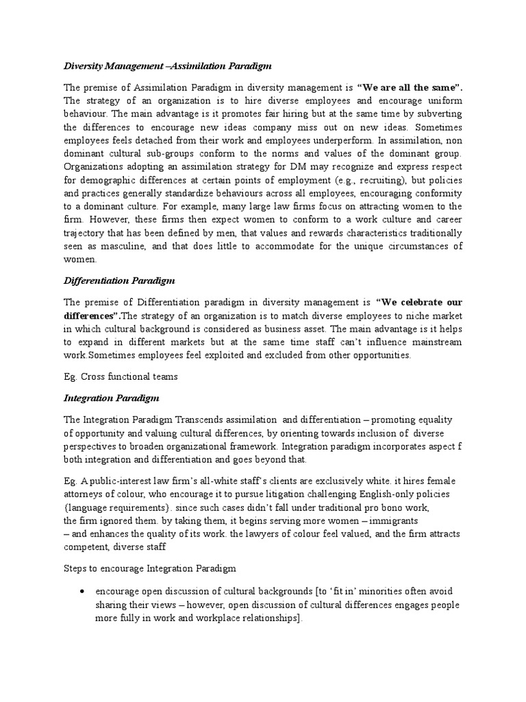 Diversity Management - Assimilation Paradigm | PDF