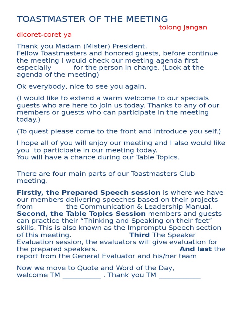 Toastmaster of the Meeting script.doc | Public Speaking