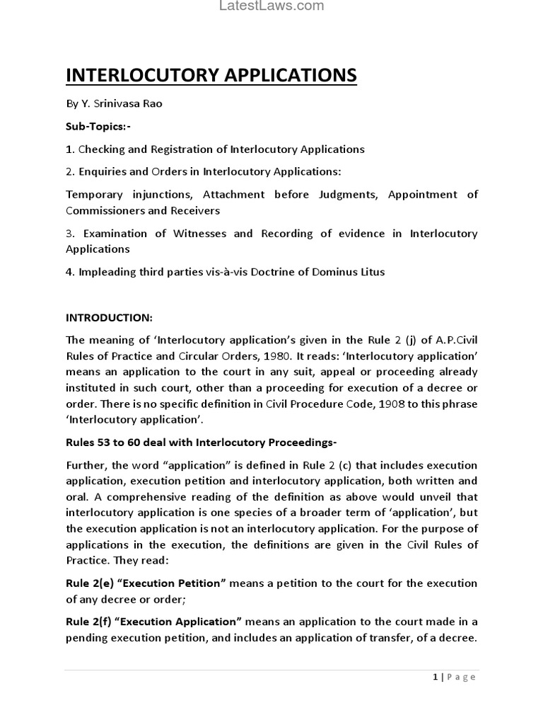 'Interlocutory Applications' by Y Srinivasa Rao | PDF | Interlocutory Appeal | Lawsuit